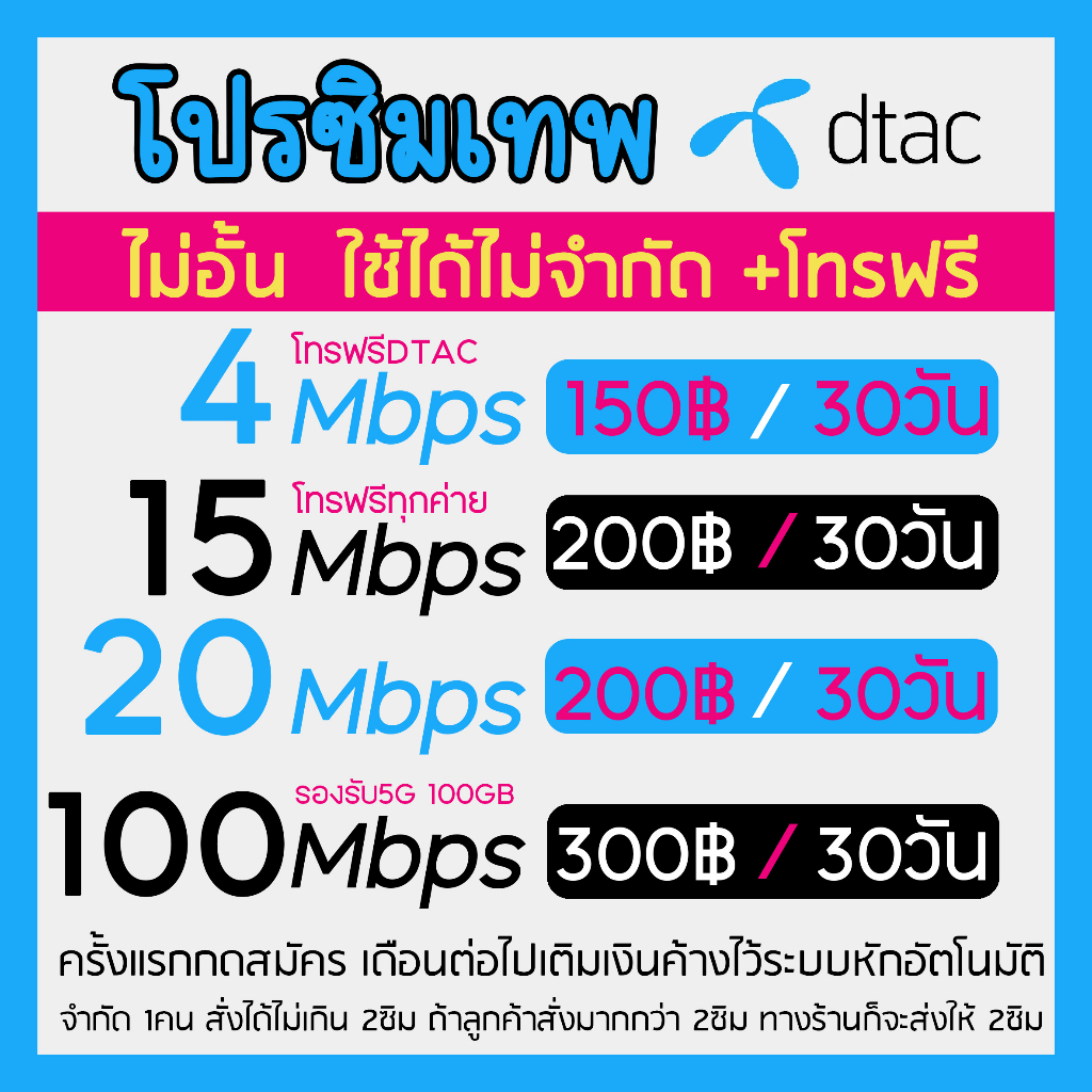 ซิมเน็ตDTAC 30Mbps 20Mbps 15Mbps และ 4Mbps ไม่อั้นแต่ลดสปีด โทรฟรีทุกค่าย มีให้เลือก 4 แบบ จำกัด ...