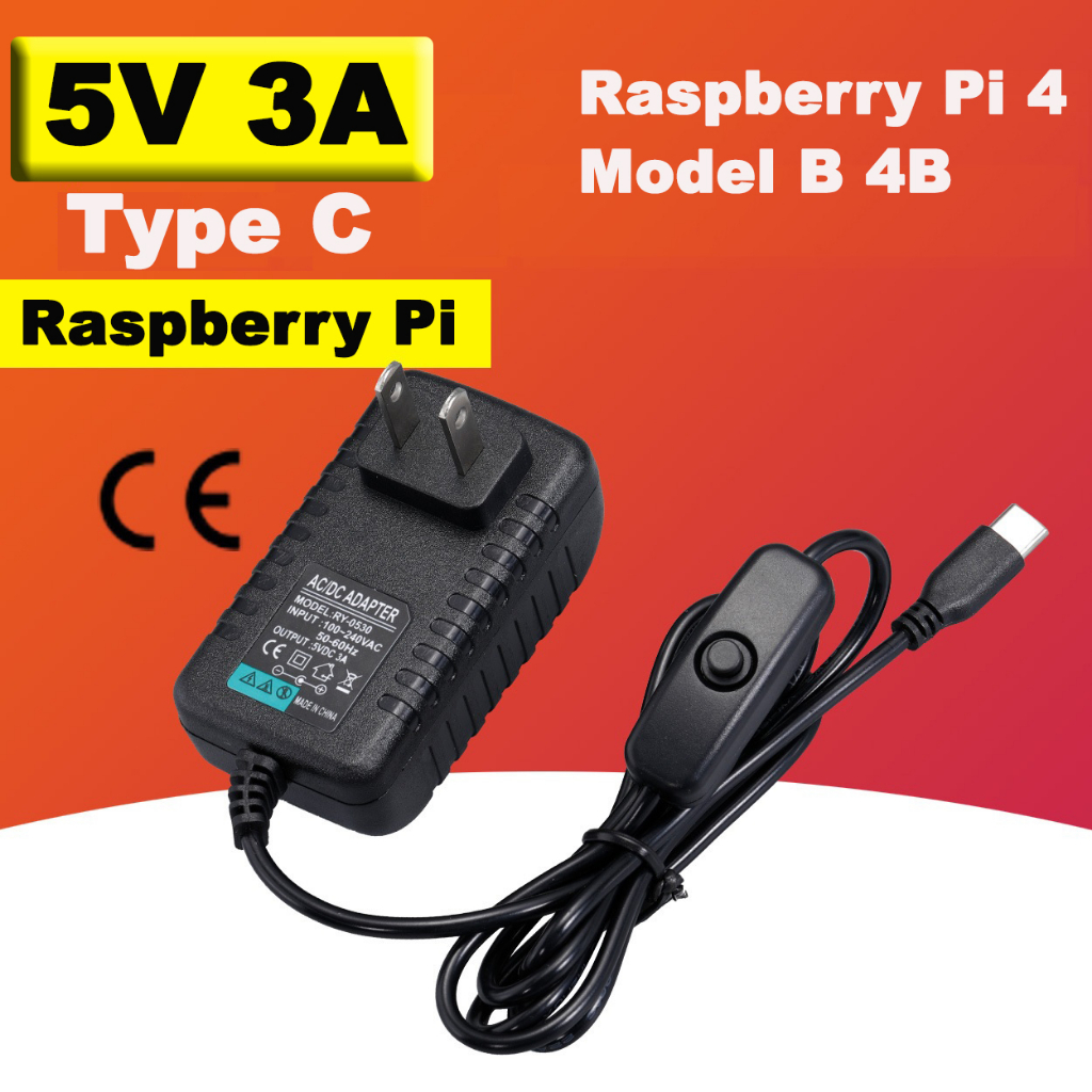 Power Supply Charger AC/DC Adapter 5V 3A PSU USB Type C with Power On/Off Switch for Raspberry ...