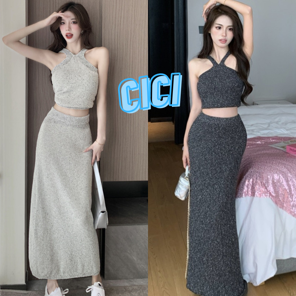 Cici( NO.T2220)SETเสื้อกล้าม+กระโปรงไหมพรม ผ้ายืด ใส่ออกงานได้ตามสไตล์คุณหนู | Shopee Thailand