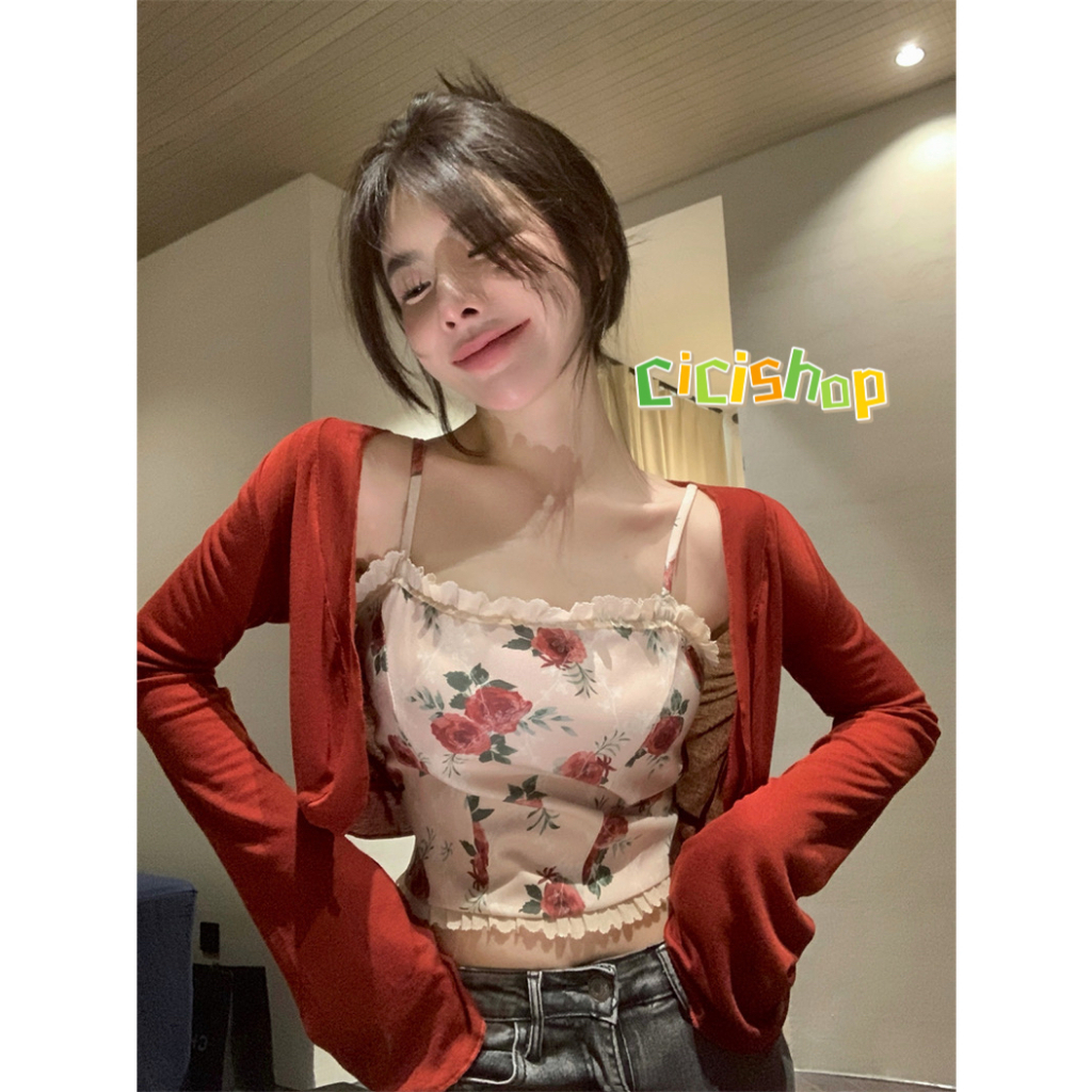Cicishop(J652)Setเสื้อคลุม+สายเดี่ยวลายดอกกุหลาบ สม็อกหลัง ใส่เเล้วดูดีสไตล์เรียบหรู | Shopee ...
