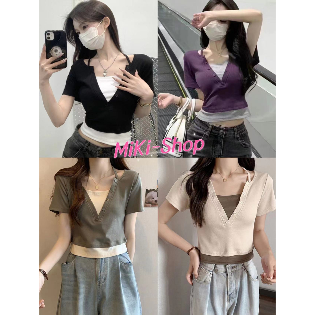 Miki-Shop*พร้อมส่งเสื้อแขนสั่น2ชิ้นติดกัน มีสายคล้องคอ แมทช์กับกางเกง ...