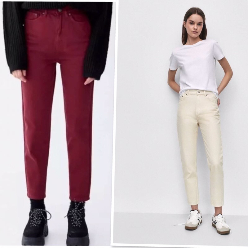 PULL&BEAR กางเกงยีนส์ขายาว ยีนต์ทรง mom ยีนต์สีเลือดหมูเข้มและสีครีม งานไม่ผ่านqc | Shopee Thailand