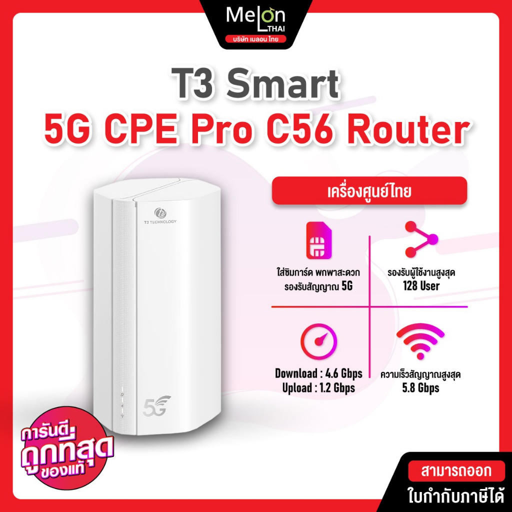T3 5G CPE Pro C56 Router เราเตอร์ใส่ซิม 5G, 4G รองรับการใช้งานทั้ง 5G NR Bands และ 4G FDD, TDD ...