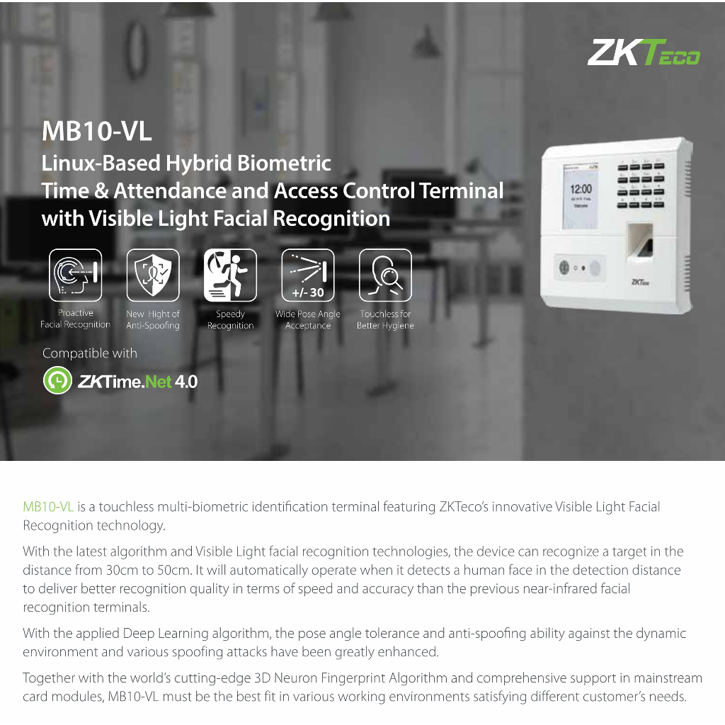 ZKTeco MB10-VL+ID บันทึกเวลาทำงาน ไม่ต้องเปิดคอมฯ ใบหน้า นิ้วมือ ทาบ ...