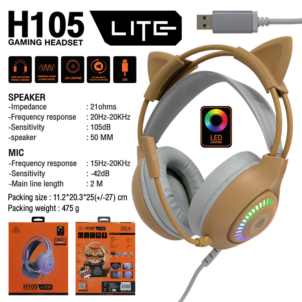 หูฟังเกมมิ่ง EGA รุ่น H105 LITE GAMING HEADSET หููแมวถอดได้ สาย USB รับ ...