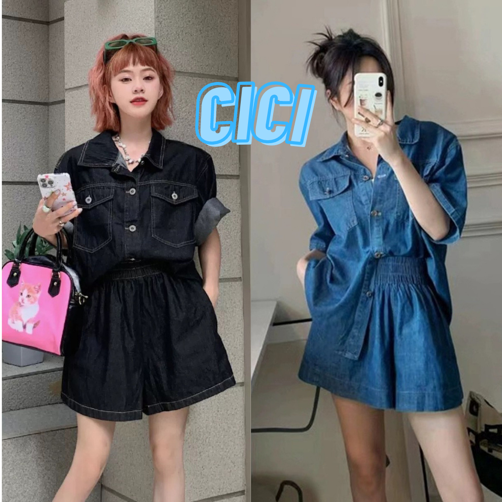 Cici(NO.Set997)ชุดSet เสื้อยีนส์+กางเกง ดีเทลแต่งกระเป๋าใช้งานได้จริง เอวสม๊อก กระเป๋าสามารถใช้ ...