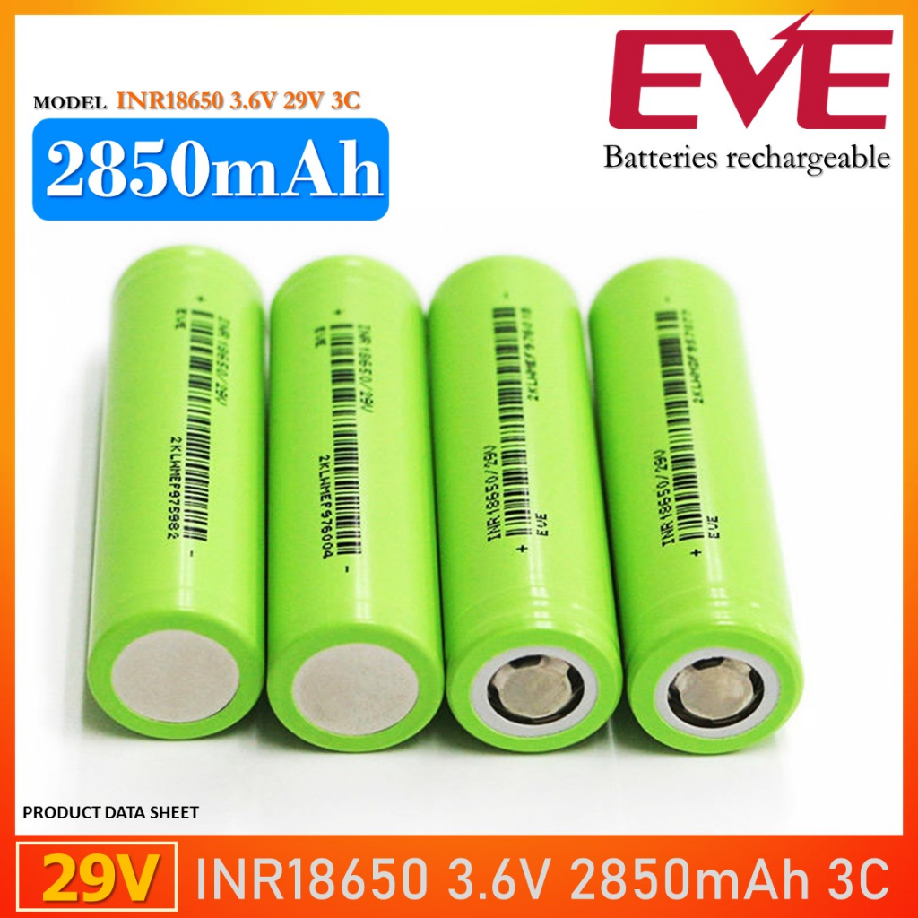 ถ่านชาร์จ Li-ion EVE INR18650 29V 3.6v 2850mAh 3C สำหรับแบตเตอรี่สว่านไร้สาย หรือจักรยานไฟฟ้า/ส ...