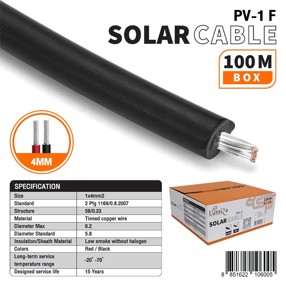 Lumira SOLAR CABLE NO.4 รุ่น PV-1 F (ฺBlack 100M/BOX) แข็งแรงทนทาน รับรองจากมาตรฐาน TUV | Shopee ...