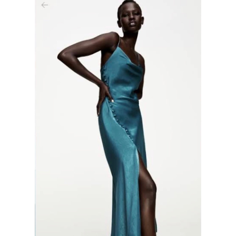 6.6 promo! Zara แท้ เดรสสี ออกฟ้าเขียวเข้ม ผ้าซาตินผสม | Shopee Thailand
