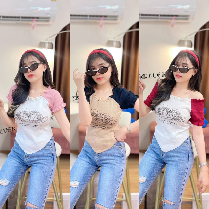 🌈 MesubShop 🌈 เสื้อยืดทอลาย ผ้าไหมพรม ทรงคอกลมแขนสั้น ใส่แบบปาดไหล่ได้ รุ่น คู่รัก B-032-4-A ...