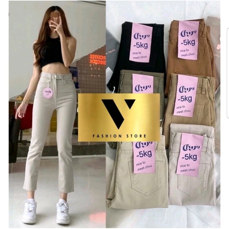👑V-JEANS👑ป้าย CHU🇰🇷กางเกงยีนส์ขายาว กางเกงยีนส์เอวสูง กางเกงทรงบอยสลิม ผ้ายีนส์สี2กระดุม เก็บพุง ...