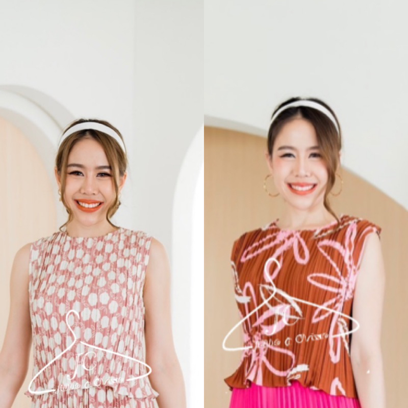 Jubbie & Chrissie : เสื้อครอปพลีทแขนกุด ลายดอก รุ่น raining flower ...