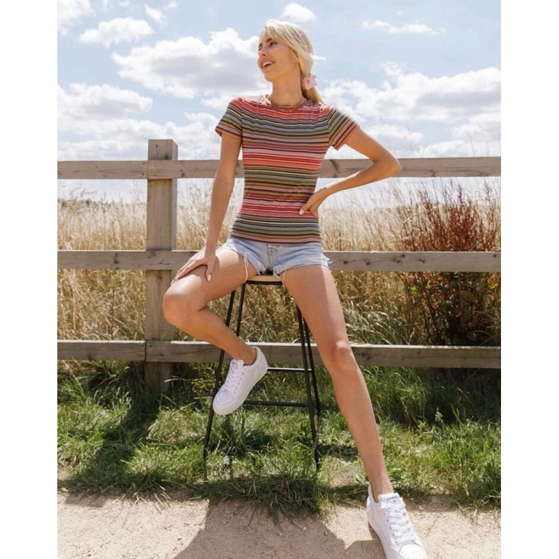 SHEIN Unity เสื้อยืดเข้ารูป ลายแถบ คอกลม | Shopee Thailand