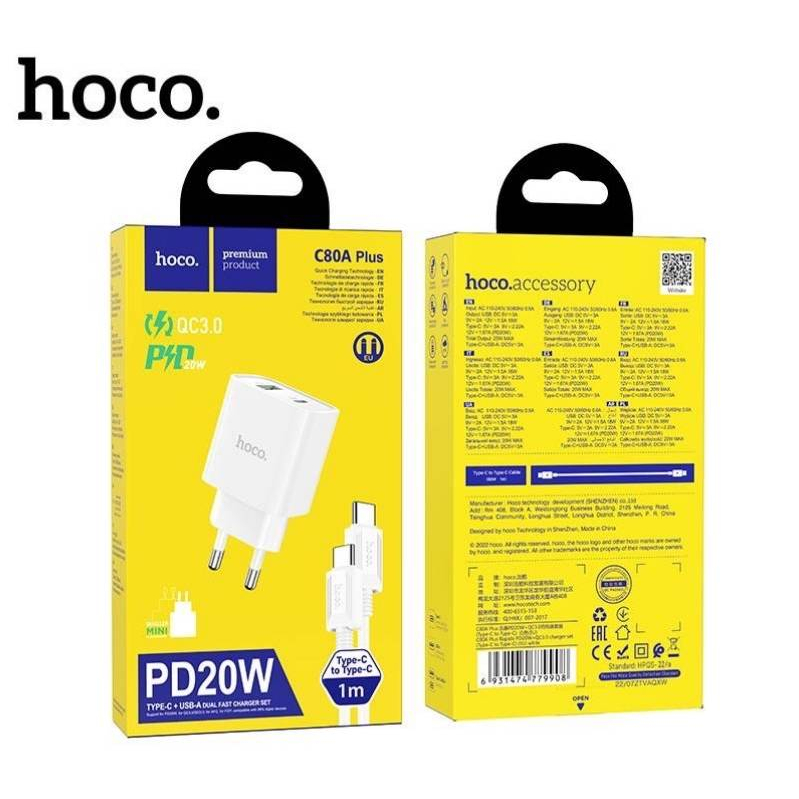 หัวชาร์จไว ที่ชาร์จไว Hoco รุ่น C80A plus ชุด TC-TC มี2พอร์ต Type-C+USB-A ชาร์จไว PD 20W +QC3.0 ...
