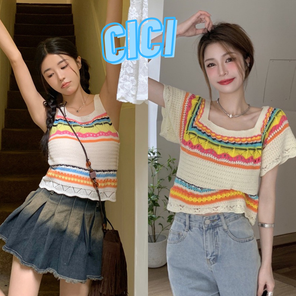 Cici(NO. T2167/T2189)เสื้อกล้าม/แขนสั้นทรงครอป แต่งฉลุลาย สีตัดกัน เนื้อผ้าดีใส่สบาย | Shopee ...