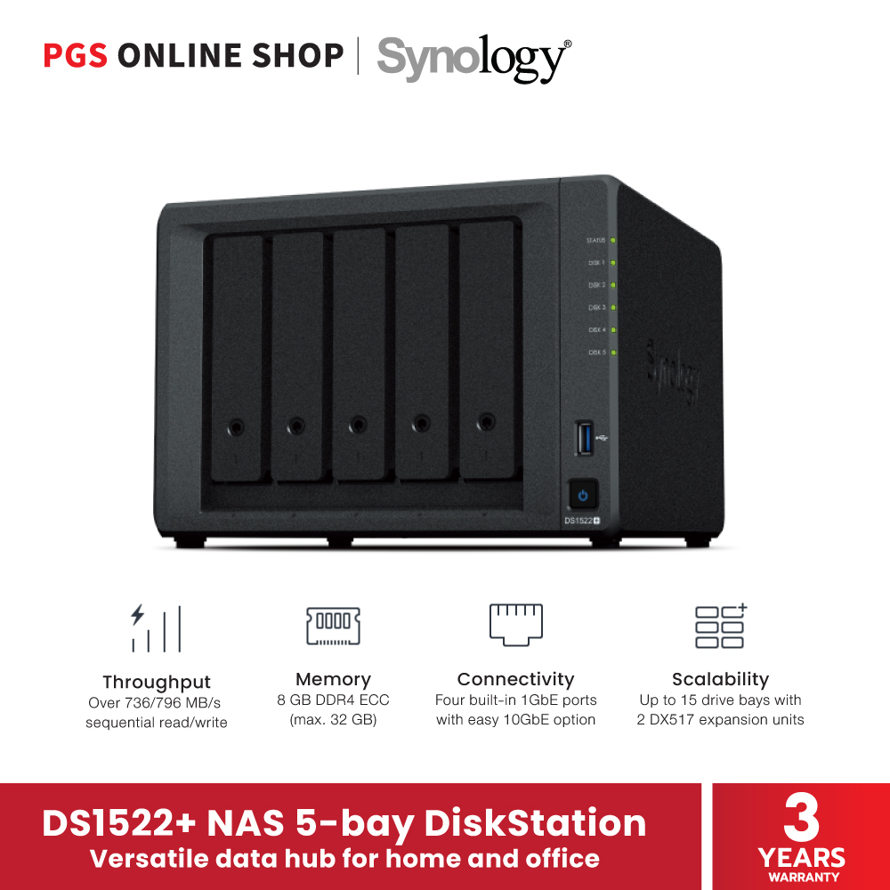 Synology DS1522+ NAS 5-bay DiskStation, AMD Ryzen R1600, 8GB DDR4 ECC ...