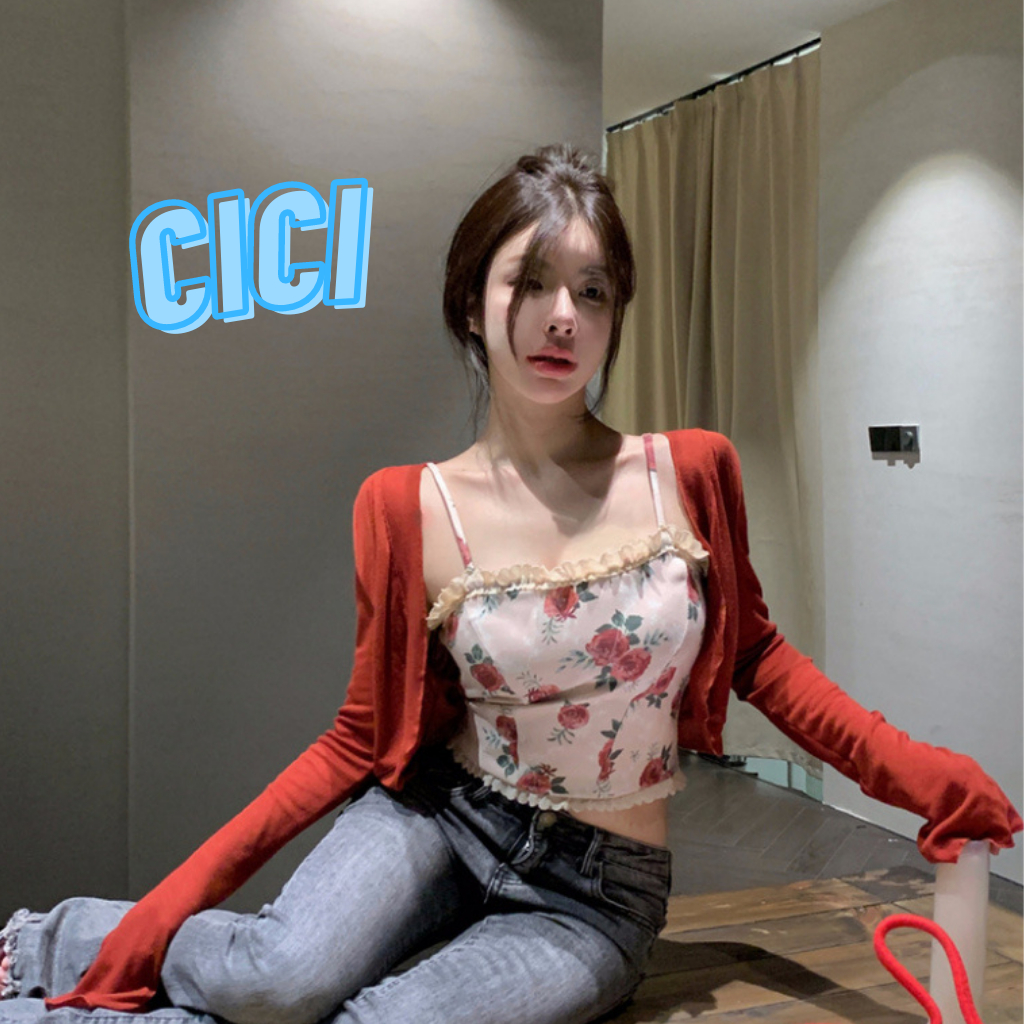 Cici(NO. J652)Setเสื้อคลุม+สายเดี่ยวลายดอกกุหลาบ สม็อกหลัง ใส่เเล้วดูดีสไตล์เรียบหรู | Shopee ...