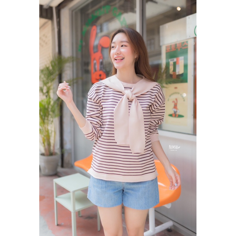 Numsha Brand เสื้อไหมพรมแขนยาวลายทางพาดบ่า / NB22153 | Shopee Thailand