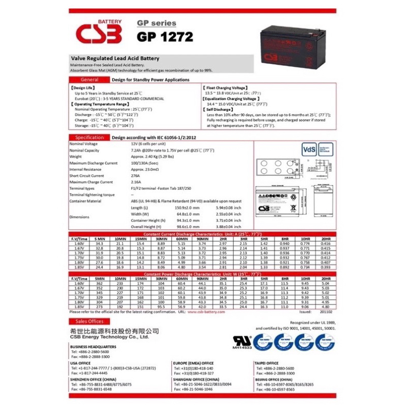 แบตเตอรรี่เครื่องสำรองไฟUPS CSB Battery รุ่น GP 1272 F2 *12v7.2ah* รับ ...
