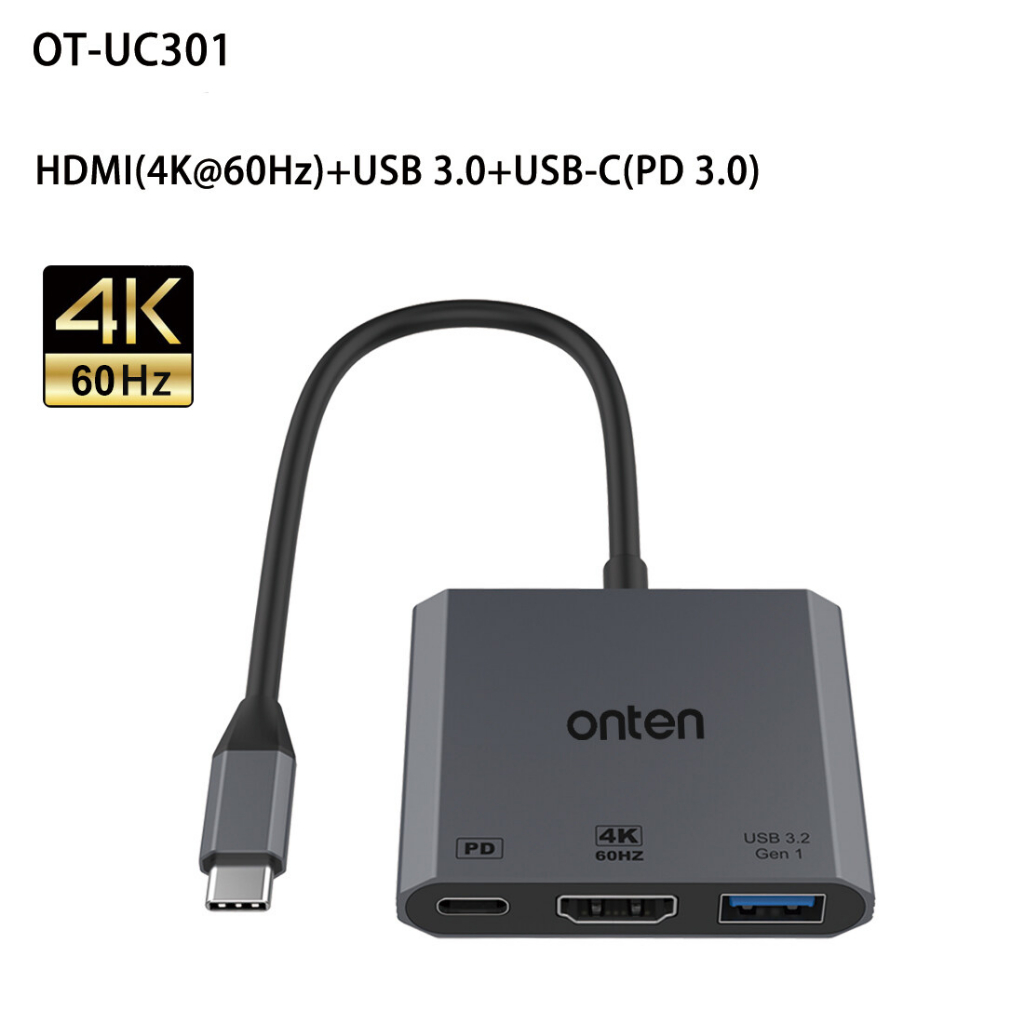 ONTEN OTN-UC301 3 in 1 USB-C to HDMI+USB3.2 Gen1+PD3.0 Adapter, 4K60Hz ...