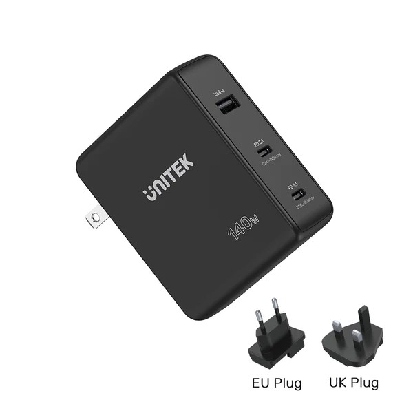 UNITEK 140W USB-C 3-port Mobile Wall Charger - Black 140W GaN Wall ...