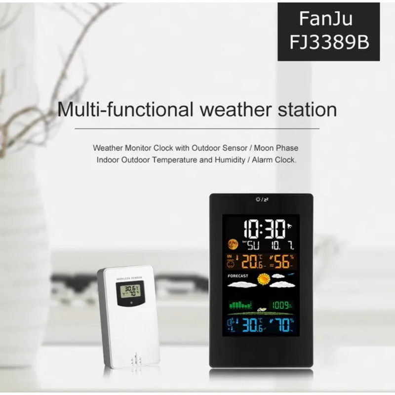 พร้อมส่ง FANJU FJ3389B นาฬิกาดิจิตอลสีอุณหภูมิความชื้นไร้สาย SENSOR ...