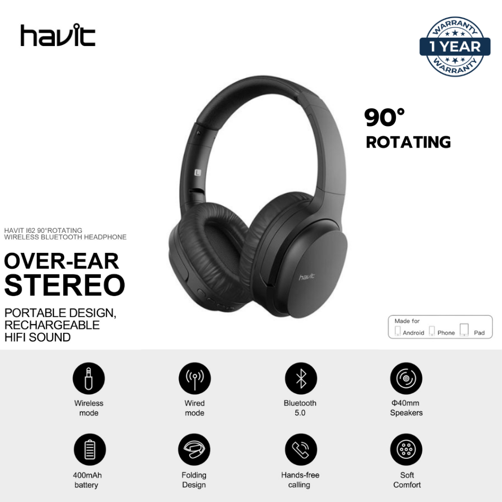 havit i62 หูฟังบลูทูธไร้สาย รับประกัน1ปี (สีดำ) Headphone Bluetooth หูฟังครอบหัวไร้สาย Wireless ...