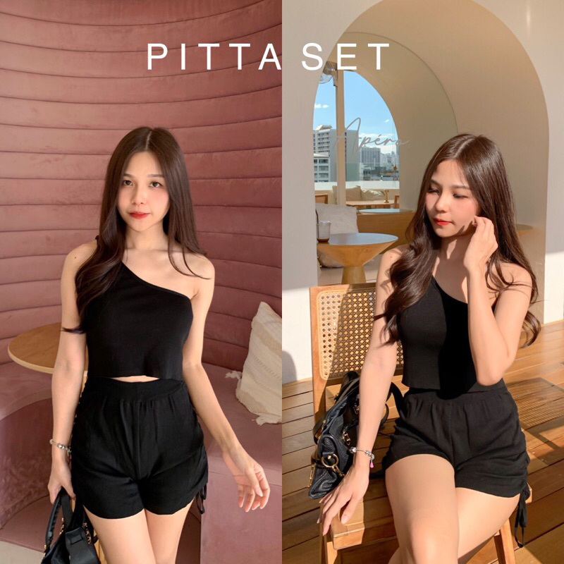 Pitta set ชุดเซตปาดไหล่และกางเกงแต่งย่น | Shopee Thailand
