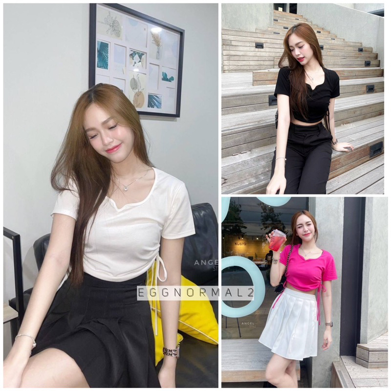 TOPSHOP ️ T113 คร๊อบเชือกรูด คอยูหยดน้ำ ผ้าคอตตอน | Shopee Thailand