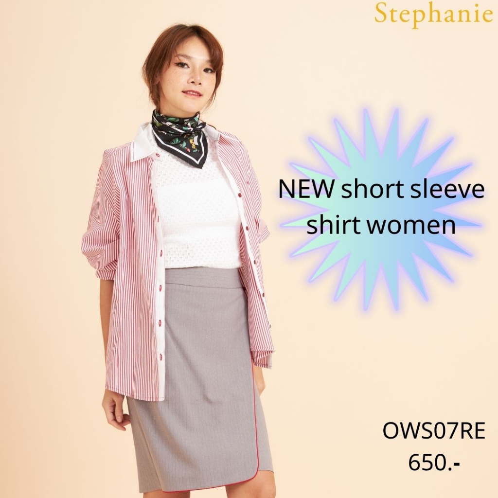 Stephanie Shirt เสื้อเชิ้ตแขนยาวสีแดงลายทางสีขาว แนวกระดุม ปกและแขน ...