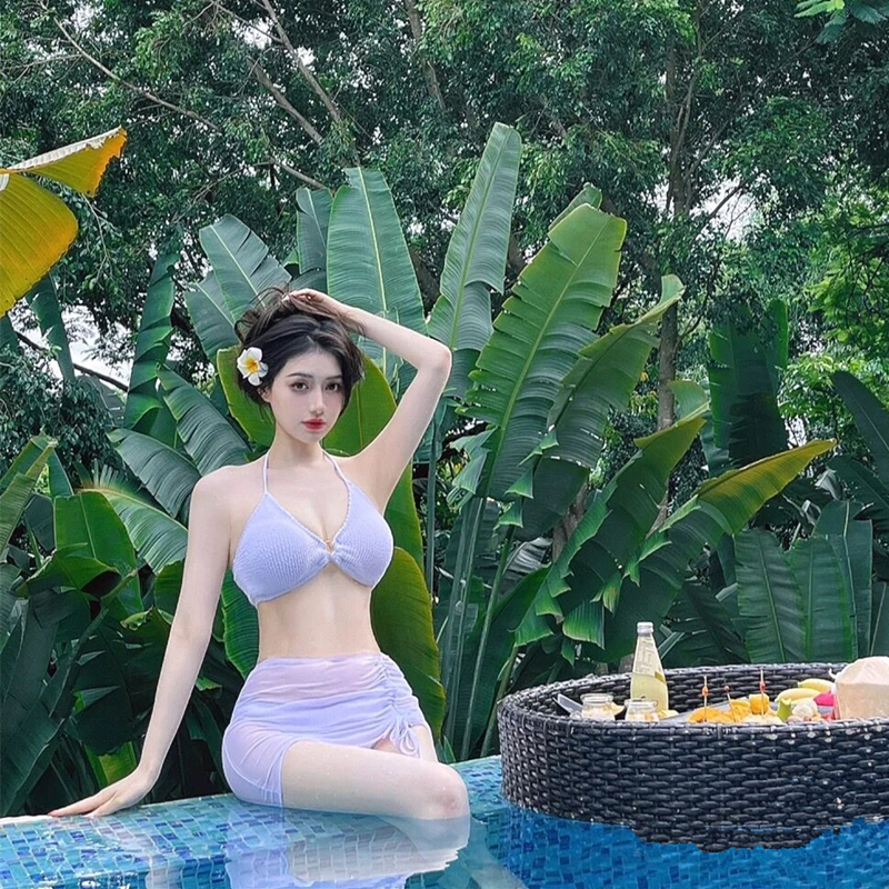 40-58kg กระโปรงคลุมบิกินี่ ชุดว่ายน้ำบิกินี่ผู้หญิงแบบเซ็กซี่หน้าอกเล็กรวบรวมสายรัดแยกชิ้นชุด ...