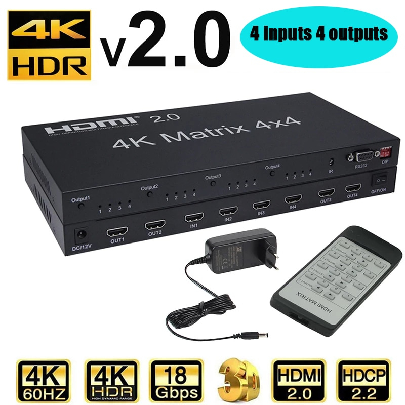 HDMI 2.0 4x4 Matrix Switch Splitter 4K 4 IN 4 OUT 60HZ 1080P HDCP Video ...