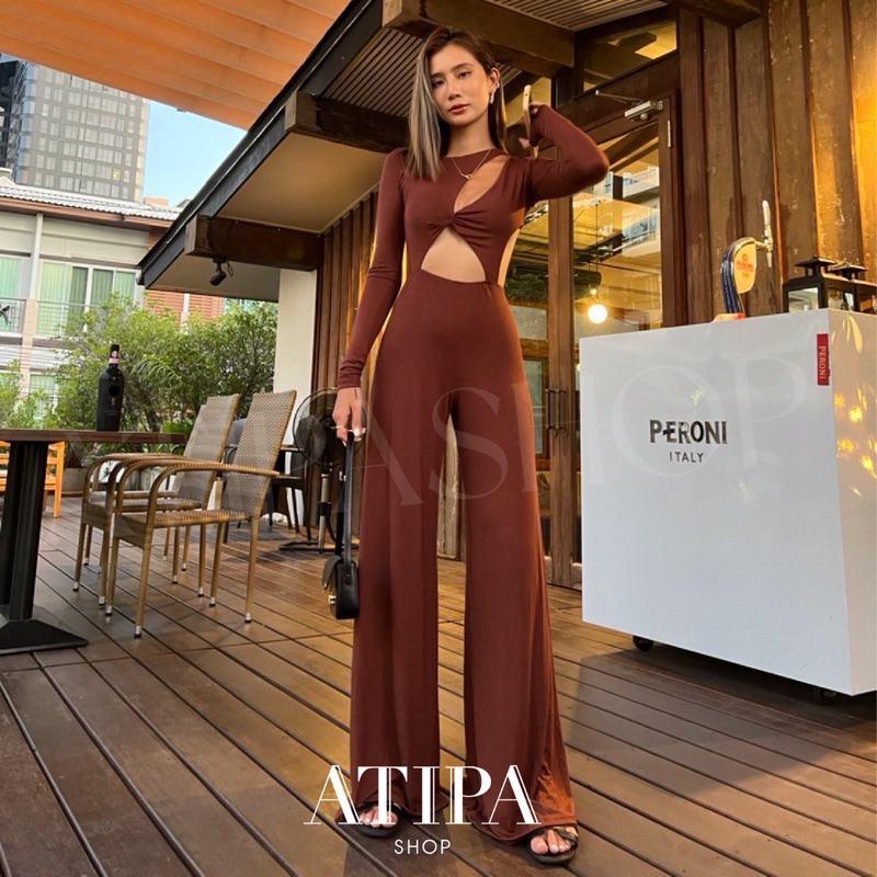 จั้มสูทเว้าข้าง สายฝอ สีน้ำตาลแดง Atipa | Shopee Thailand