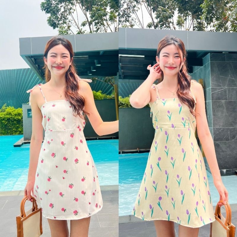ชุดเดรสสายเดี่ยว ลายดอกไม้ | Shopee Thailand
