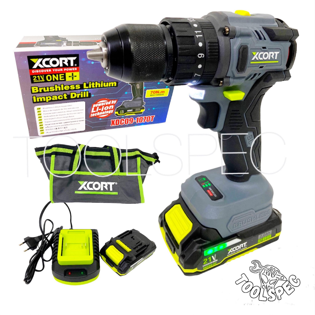 XCORT สว่านกระแทกมอเตอร์บลัเลส 21V ขนาด 10 มม. สว่านไร้สายเจาะปูน แรงบิด 70 NM. โมเดลใหม่ รุ่น ...