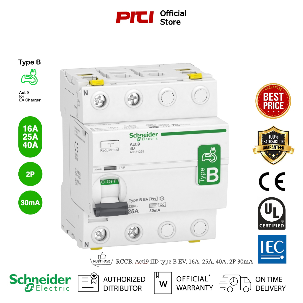 Schneider RCCB, Acti9 iID type B EV, 25A, 40A, 63A, 2P 30mA, Residual current circuit breaker ...