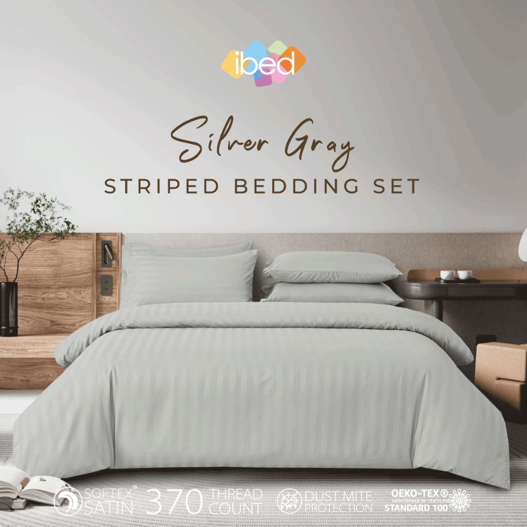 ibed ชุดผ้าปูที่นอนครบเซ็ท Softex Satin (ลายริ้ว) Silver Gray 3.5 ฟุต,5 ...