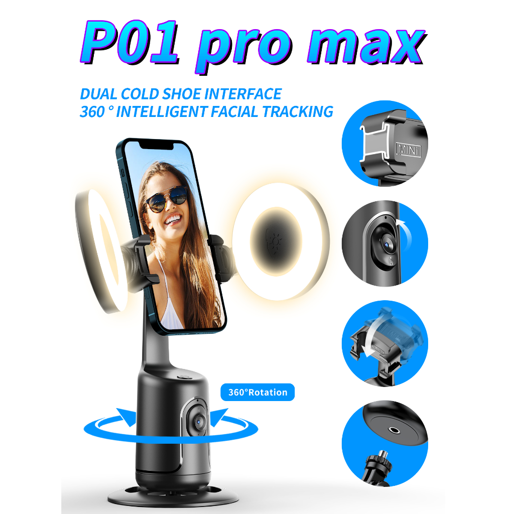 มาใหม่!!0TELESIN ถ่ายภาพอัจฉริยะ Gimbal Selfie P01 PRO MAX มีไฟ 360° Rotation Auto Face TRACKING ...