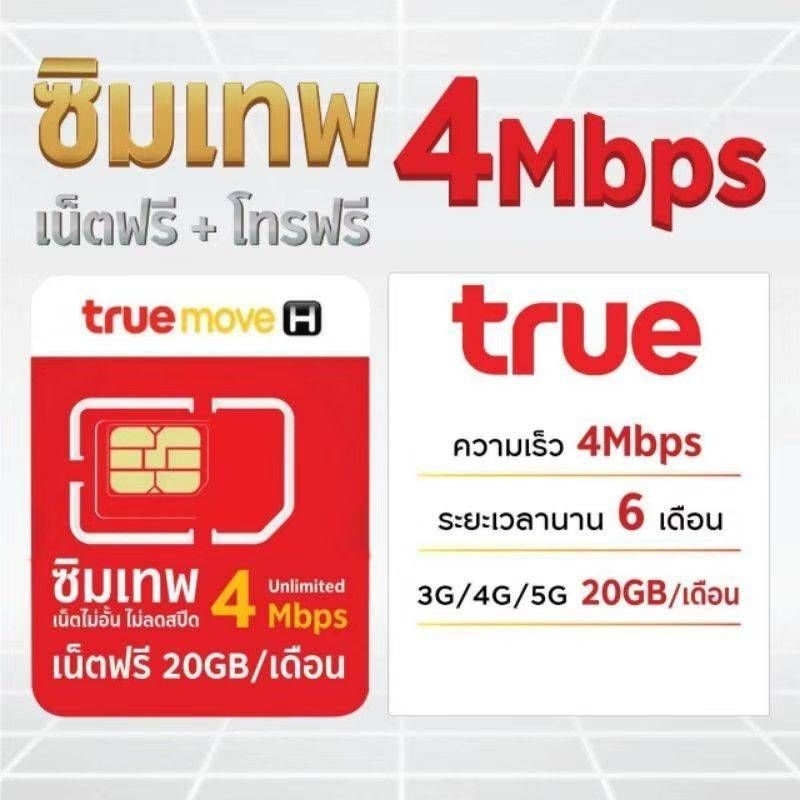 ซิมเทพทรู 4Mbps 20GB/เดือน ใช้ได้นาน6เดือน ไม่ต้องเติมเงิน | Shopee Thailand
