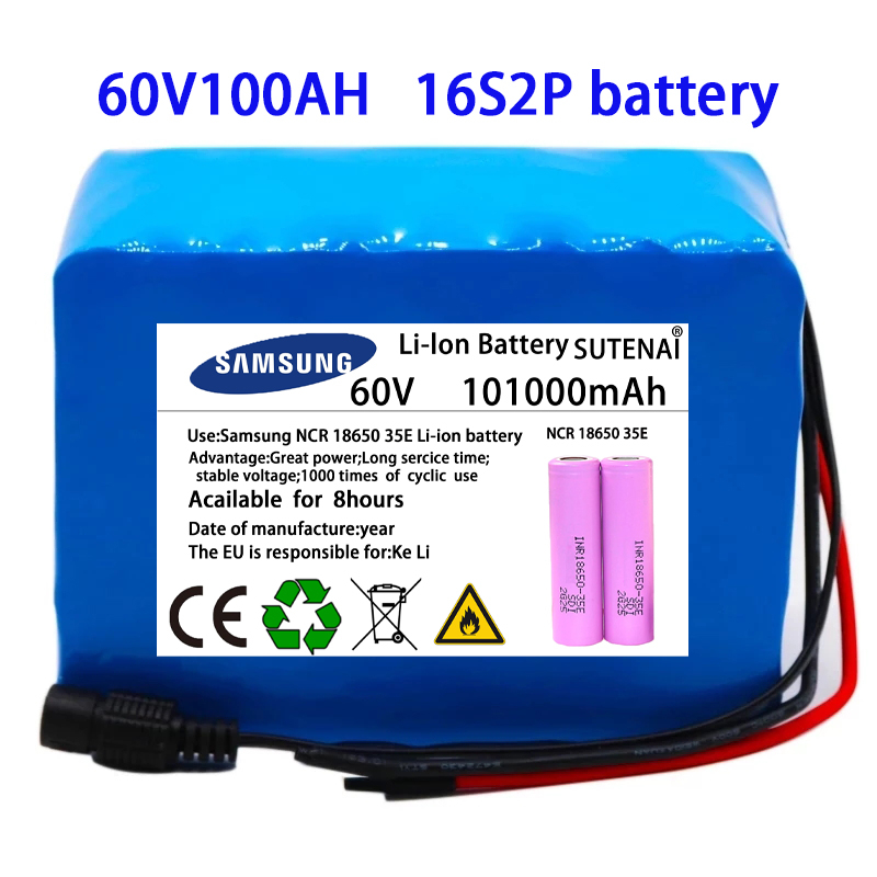 60V 16S2P 100Ah 18650 แบตเตอรี่ Li-ion 67.2V ลิเธียมไอออน 101000mAh รถจักรยานไฟฟ้า 30A BMS 750W ...