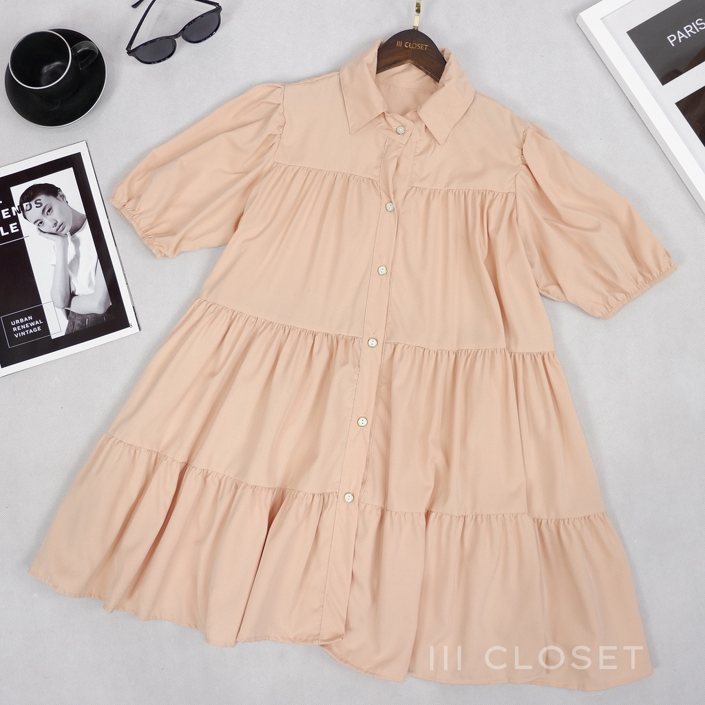 มินิเดรสสั้น lll Freesize lll ZZ001 คอปก กระดุมหน้า แขนพอง ชุดเย็บระบาย ...