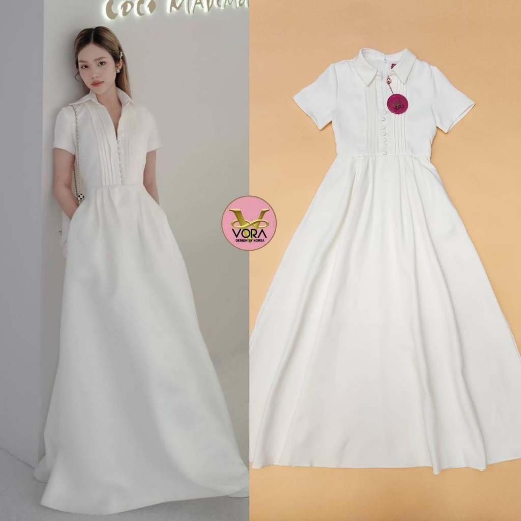 VORA Dress ตัวยาว แขนสั้นคอปกใส่ออกงาน | Shopee Thailand