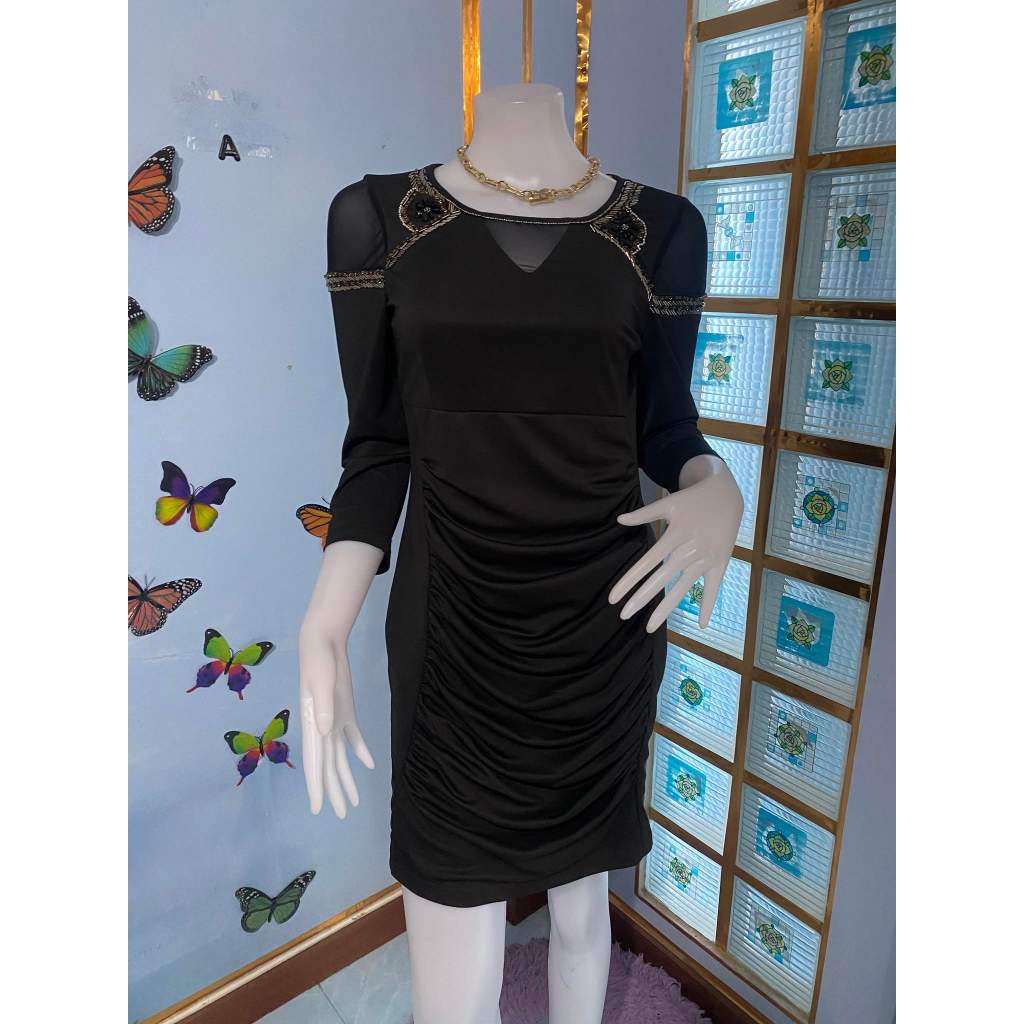 1งาน SHILY เดรสสีดำแขนห้าส่วน อก+แขนปักปล้องเงิน+ปักเพชรแน่นๆสวยๆ จับ ...