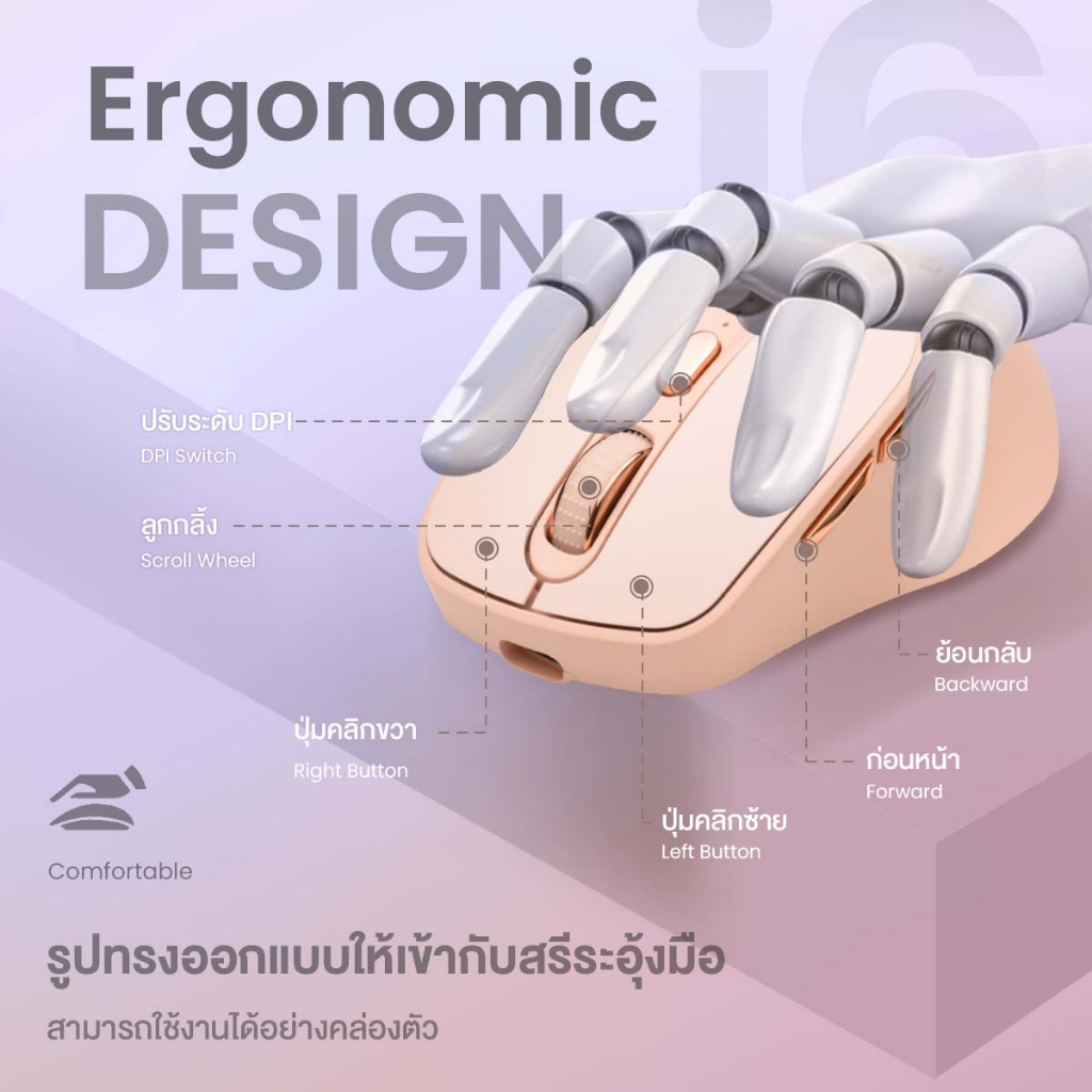 เมาส์ไร้สาย IWACHI i6 สีชมพู ใช้งานได้หลายอุปกรณ์ เสียงคลิกเงียบ ไร้เสียงรบกวน ชาร์จแบตได้ ...