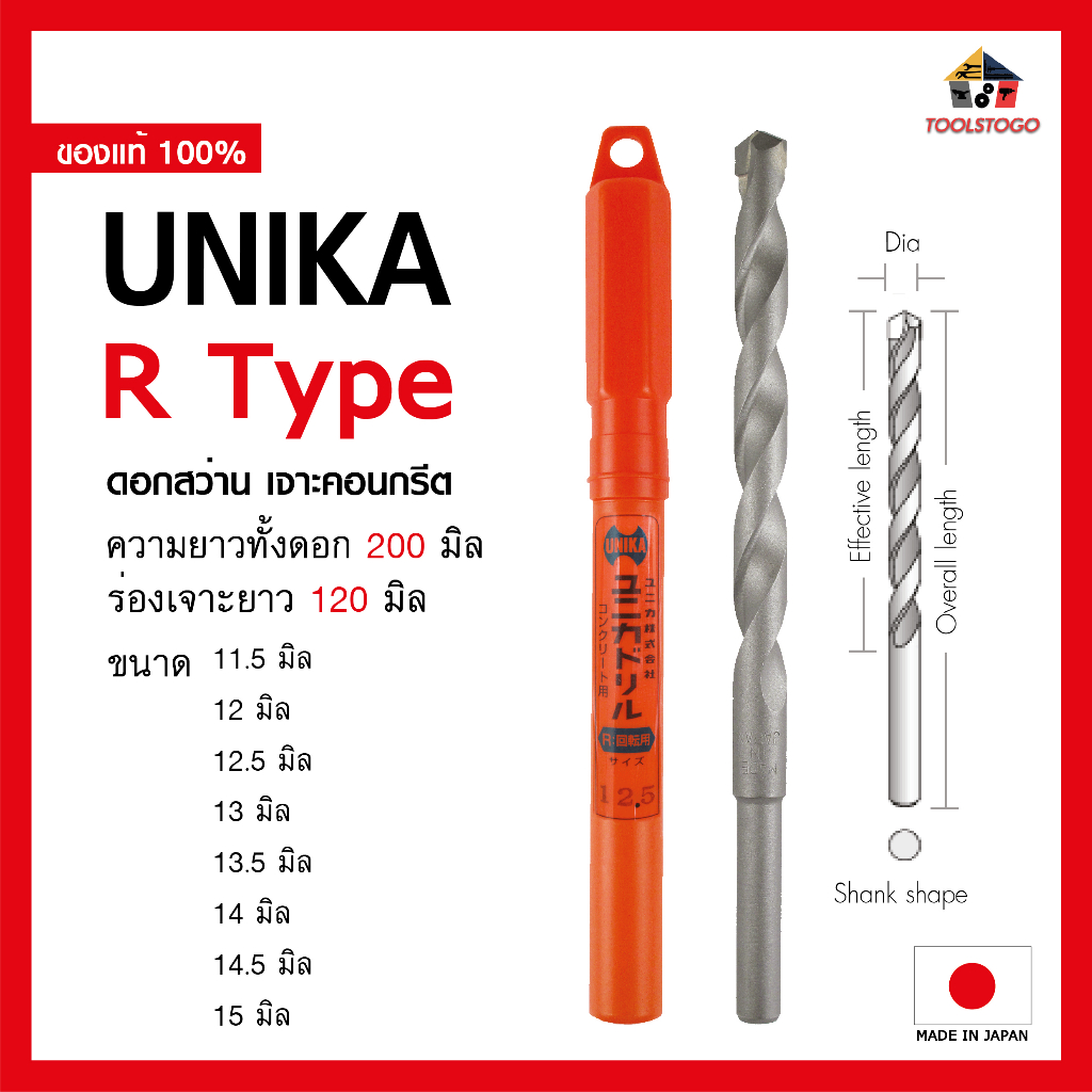 UNIKA ดอกสว่านเจาะคอนกรีต R Type ยาว 200mm. ยาว 240mm. สำหรับงานเจาะ เครื่องมือช่าง ดอกสว่าน ...