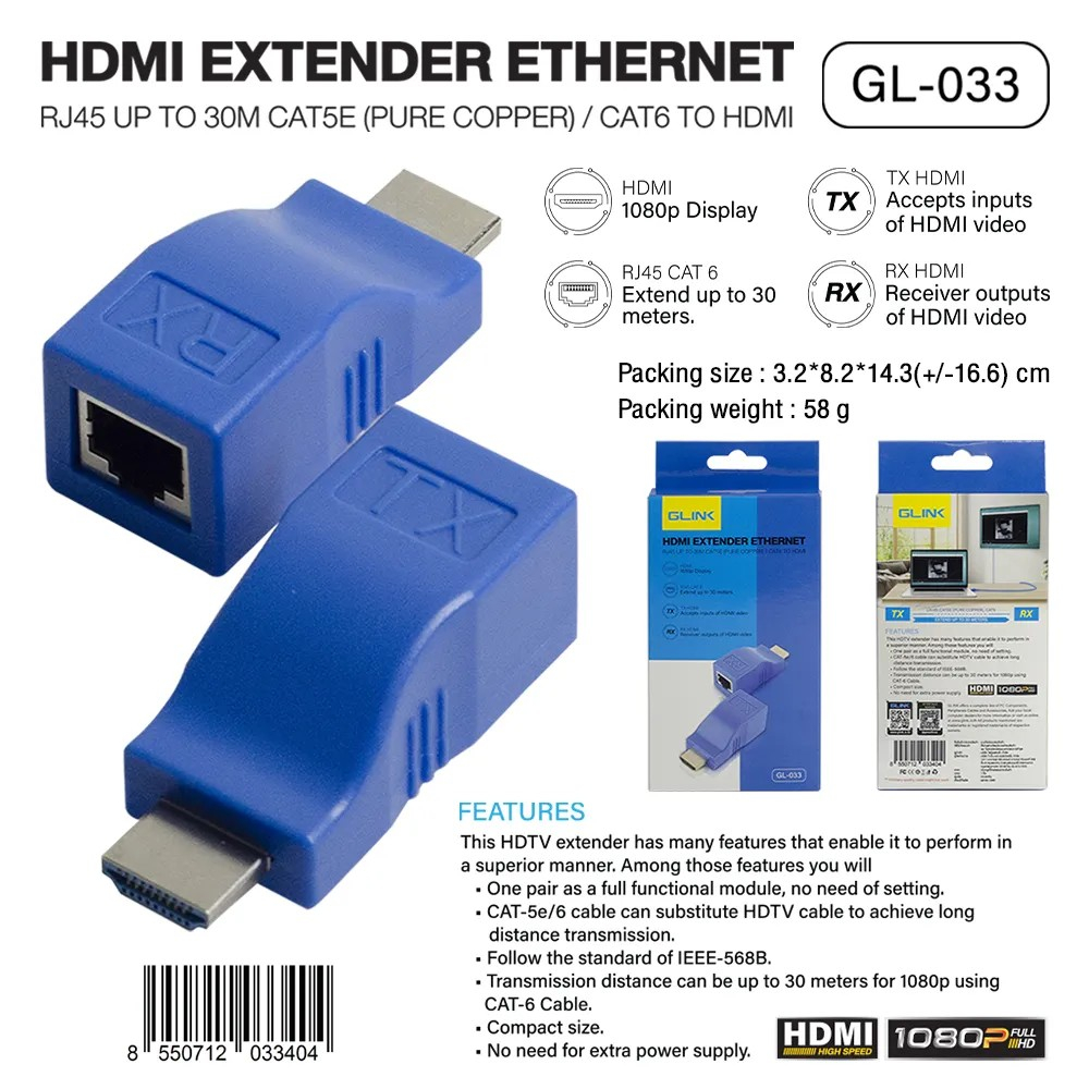 💛อุปกรณ์แปลงขยายสัญญาณ CAT6 Cable to HDMI RJ45 💜 HDMI Extender Ethernet Cat6 30M GLINK GL-033💥 ...