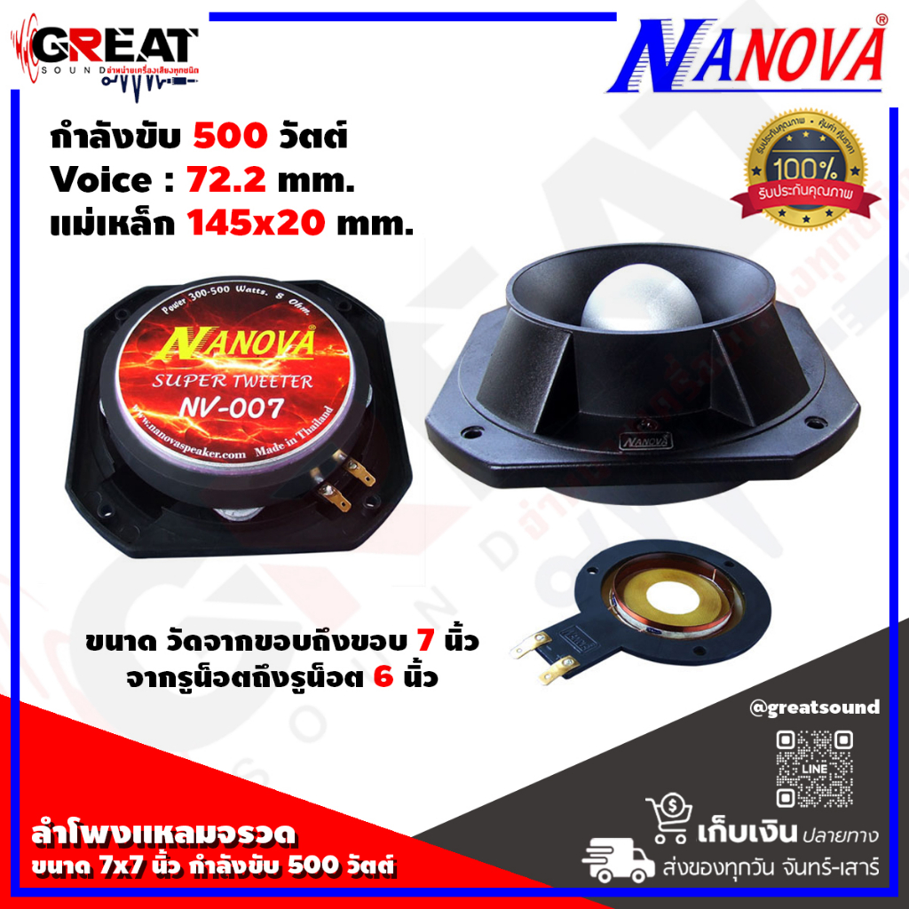 NANOVA NV-007 ลำโพงเสียงแหลมจรวดขนาด18x18 cm กำลังขับ 500 วัตต์ วอยซ์คอยล์เส้นผ่านศูนย์กลาง : 72 ...