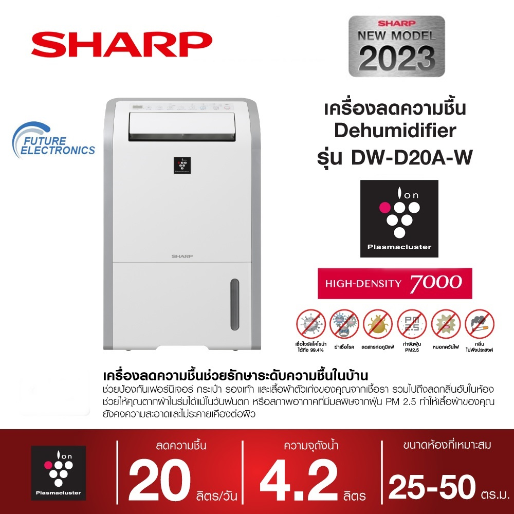 SHARP เครื่องลดความชื้น รุ่น DW-D20A-W ขนาดถังน้ำ 4.2 ลิตร ขนาดห้อง 50 ...
