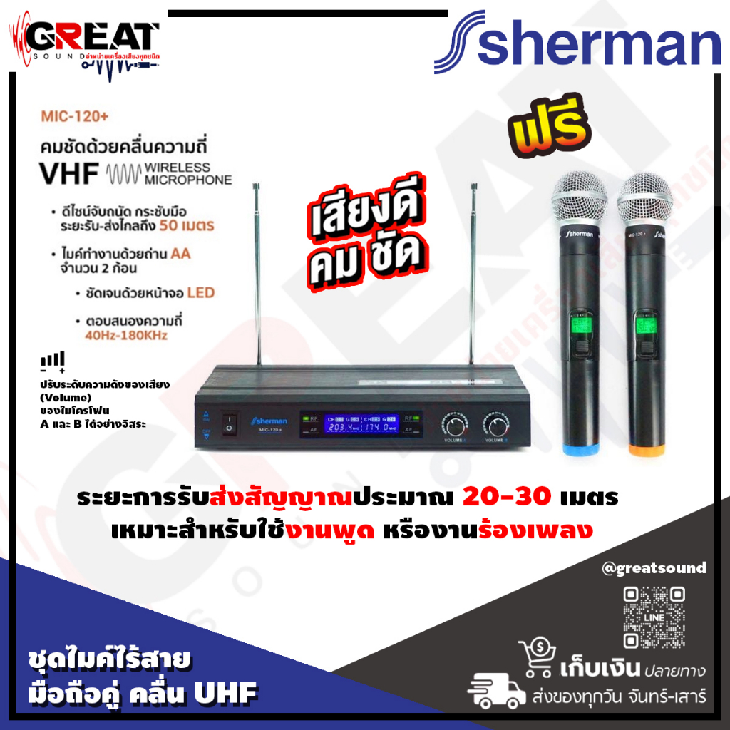 SHERMAN MIC-120+ ไมโครโฟนไร้สายแบบมือถือคู่ ความถี่ VHF ปรับระดับเสียง ...