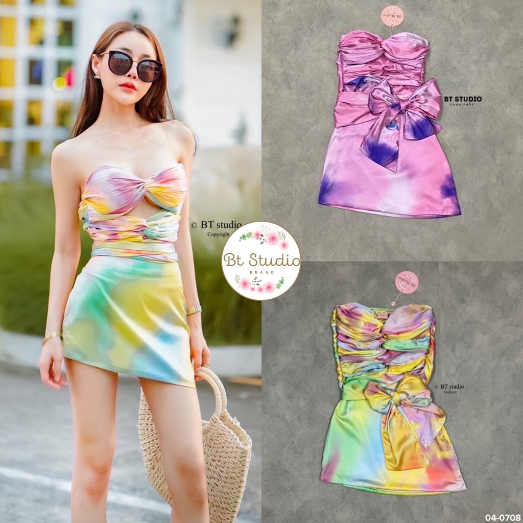 BT 0708 เซท 2 ชิ้น เสื้อเกาะอก แต่งเว้าใต้อก สม็อคหลังสายแต่งพันผูกโบ ...